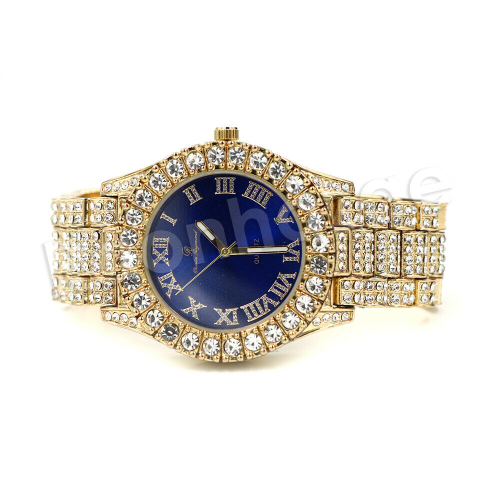 Men's Hip Hop Fashion Iced Diamond Rapper Blue Face Gold 2PAC Watch S0 ...