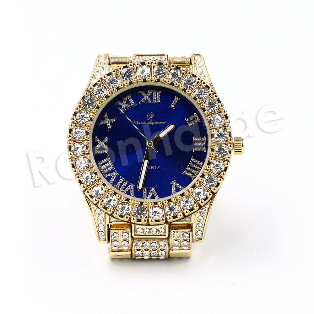 Men's Hip Hop Fashion Iced Diamond Rapper Blue Face Gold 2PAC Watch S0 ...
