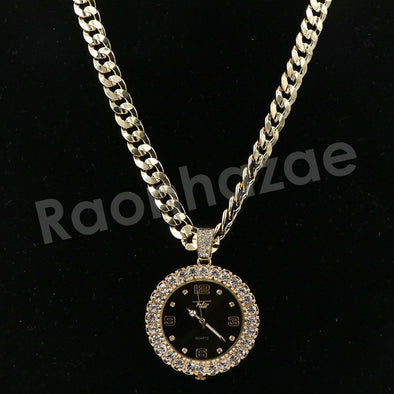 Hip Hop Post Malone Watch Pendant Necklace W/10mm 24" Miami Cuban Chai ...