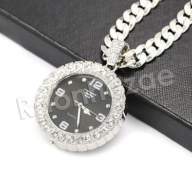 Hip Hop Post Malone Watch Pendant Necklace W/10mm 24" Miami Cuban Chai ...