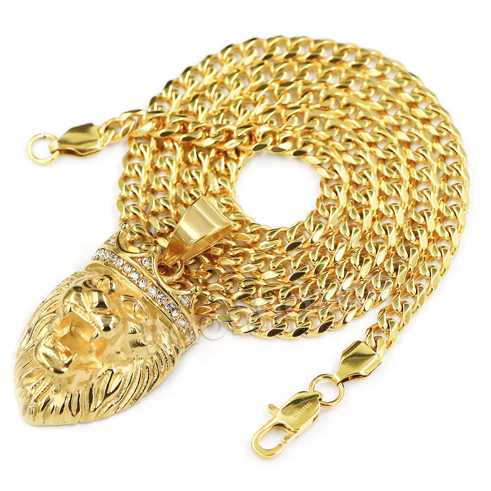 316L Stainless Steel Lion King Blinged Out Pendant w/ 4mm Miami Cuban ...