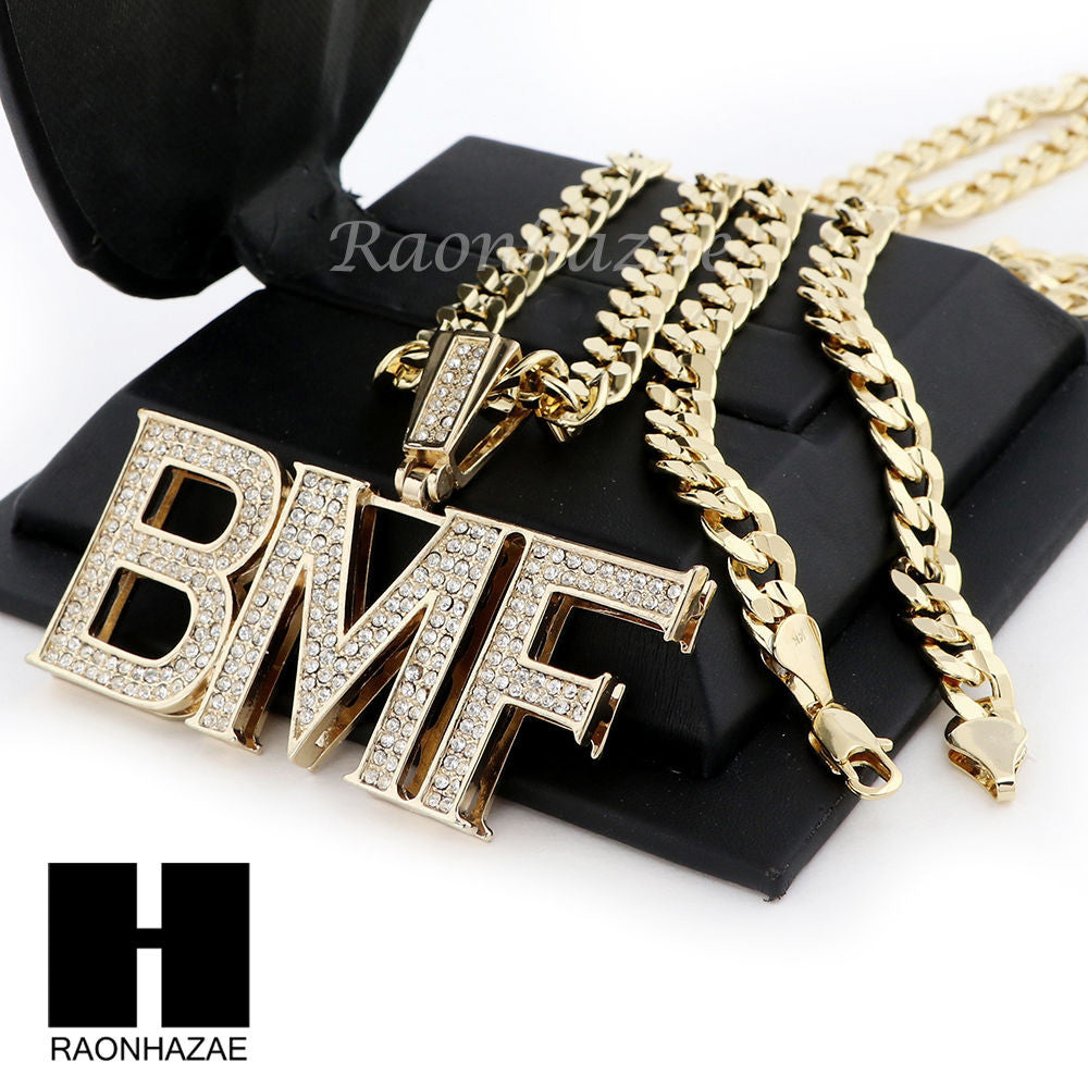 MENS HIP HOP BMF PENDANT & DIAMOND CUT CUBAN LINK CHAIN NECKLACE NN42 ...