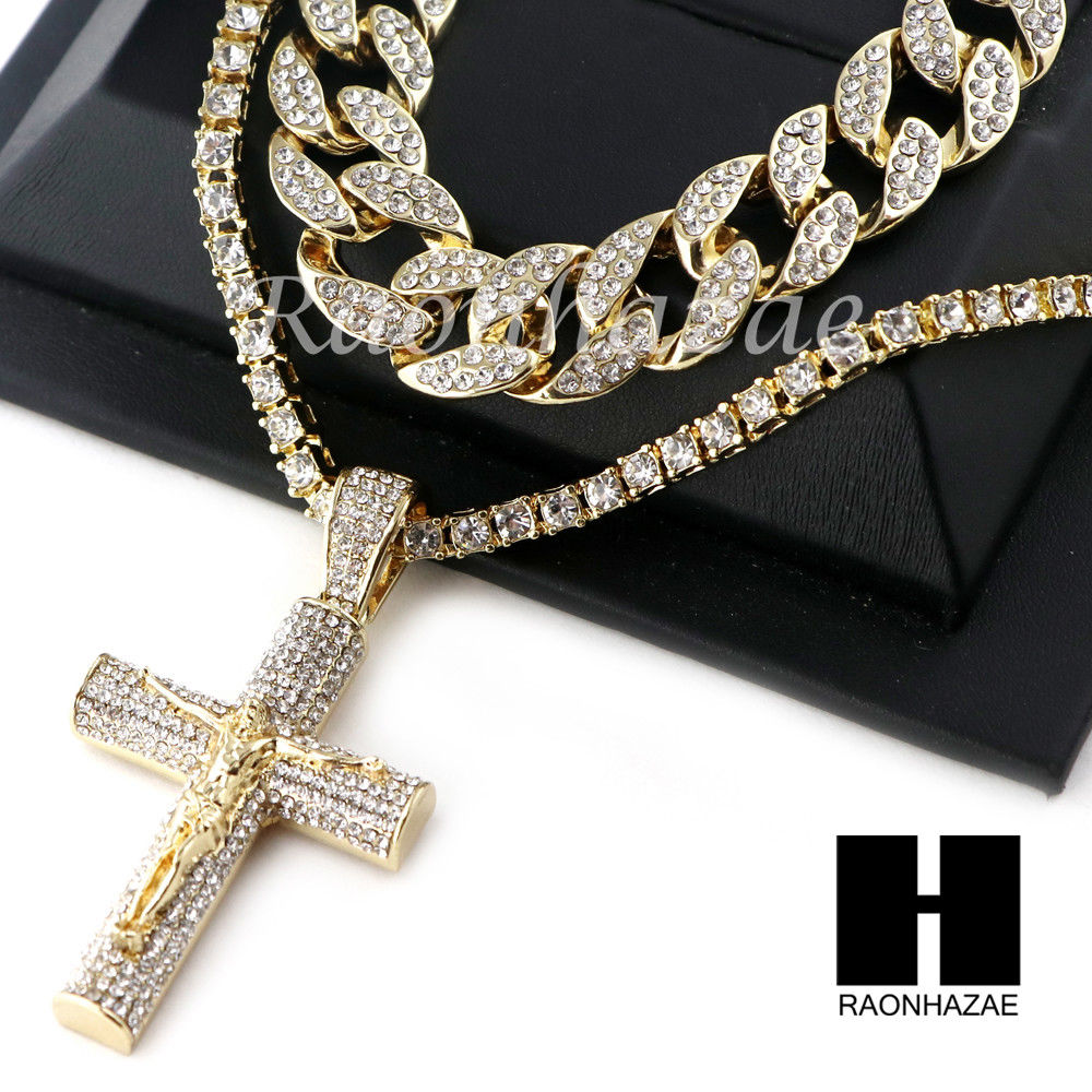 14K GOLD PT Lil JESUS CROSS MIAMI CUBAN 16"~30" CHOKER TENNIS CHAIN S1 ...