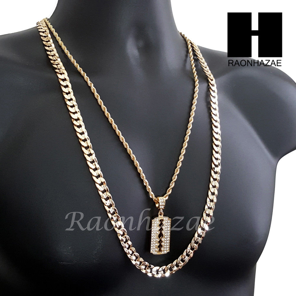 MEN GOLD BARBER RAZOR BLADE CHARM CUT 30" CUBAN LINK CHAIN NECKLACE S8 ...