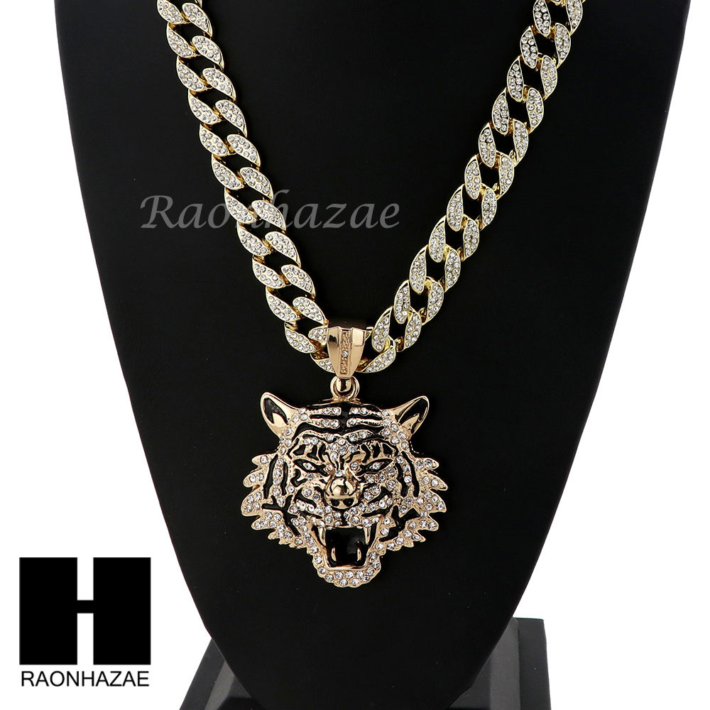 Mens 14k Plated DRAKE TIGER Pendant w/ 30" Cuban Link Chain NN032G ...