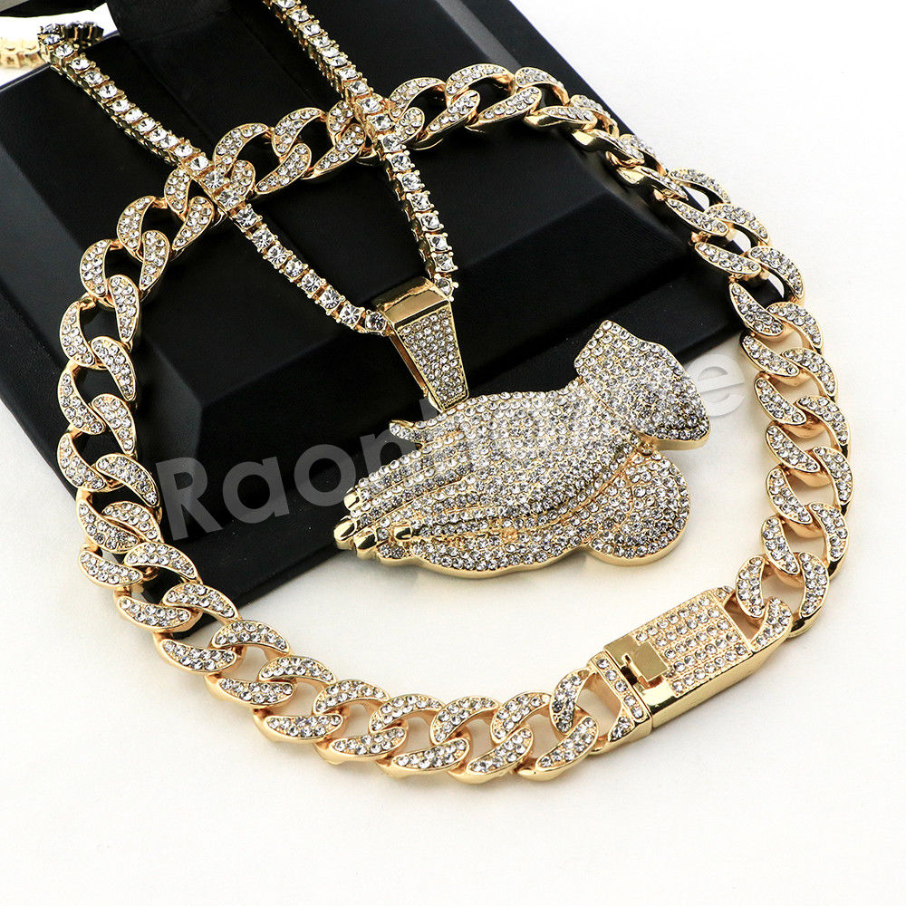 Hip Hop Quavo PRAYING HANDS Miami Cuban Choker Tennis Chain Necklace L ...