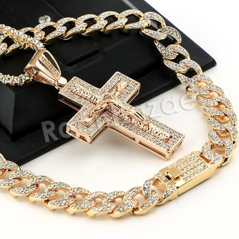 Hip Hop Quavo Jesus Crucifix Miami Cuban Choker Tennis Chain Necklace ...