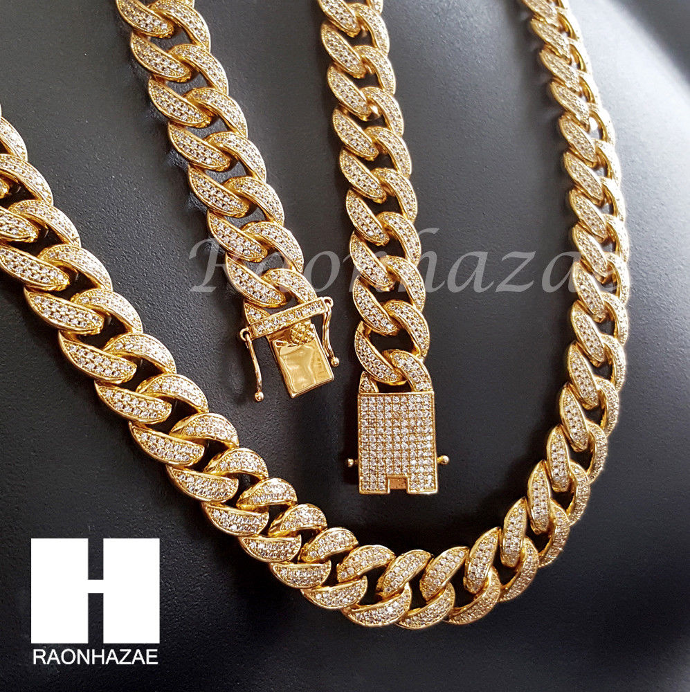 18K Gold Lab Diamond Cuban Link Chain 15mm Bling 24" 30" Necklace L01 ...
