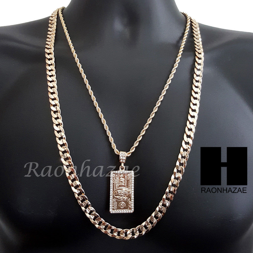 $100 HUNDRED DOLLAR BILL MONEY 30" CUBAN LINK CHAIN NECKLACE SET S89G ...