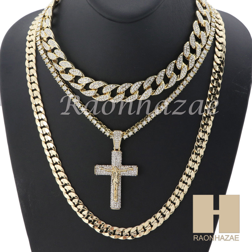 14K GOLD PT Lil JESUS CROSS MIAMI CUBAN 16"~30" CHOKER TENNIS CHAIN S1 ...