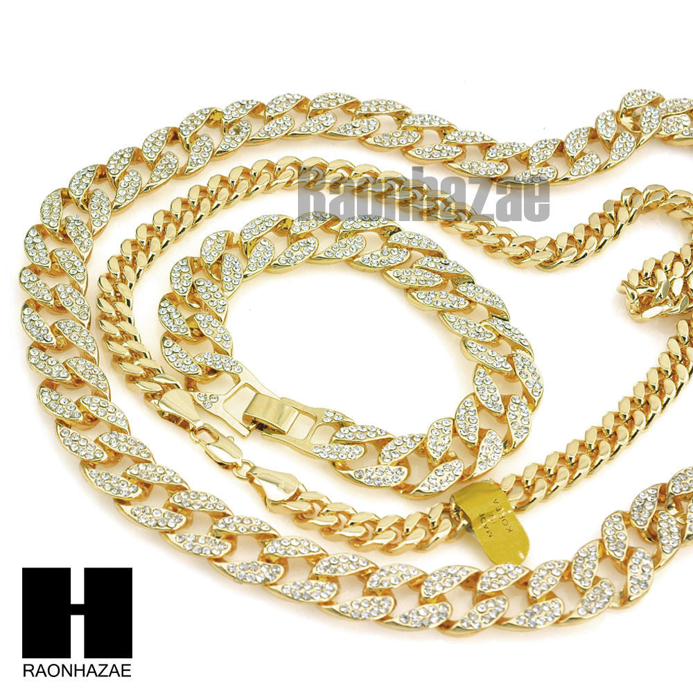 Gold Lab Diamond Necklace 15mm 30" 24" Miami Cuban Link Chain, Bracele ...