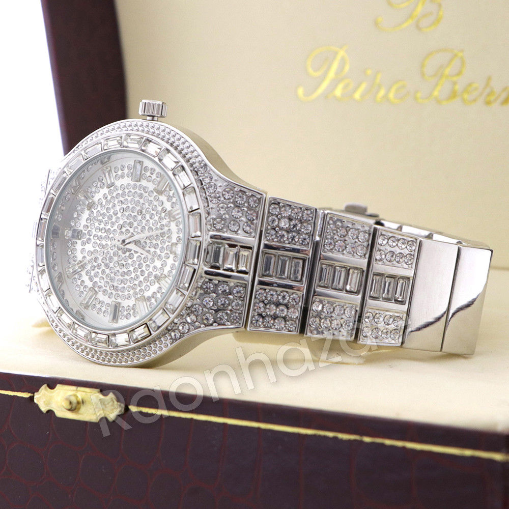 14K WhiteGold Square Stone Watch Ruby Cuban Chain Bling Bracelet Set 5 ...