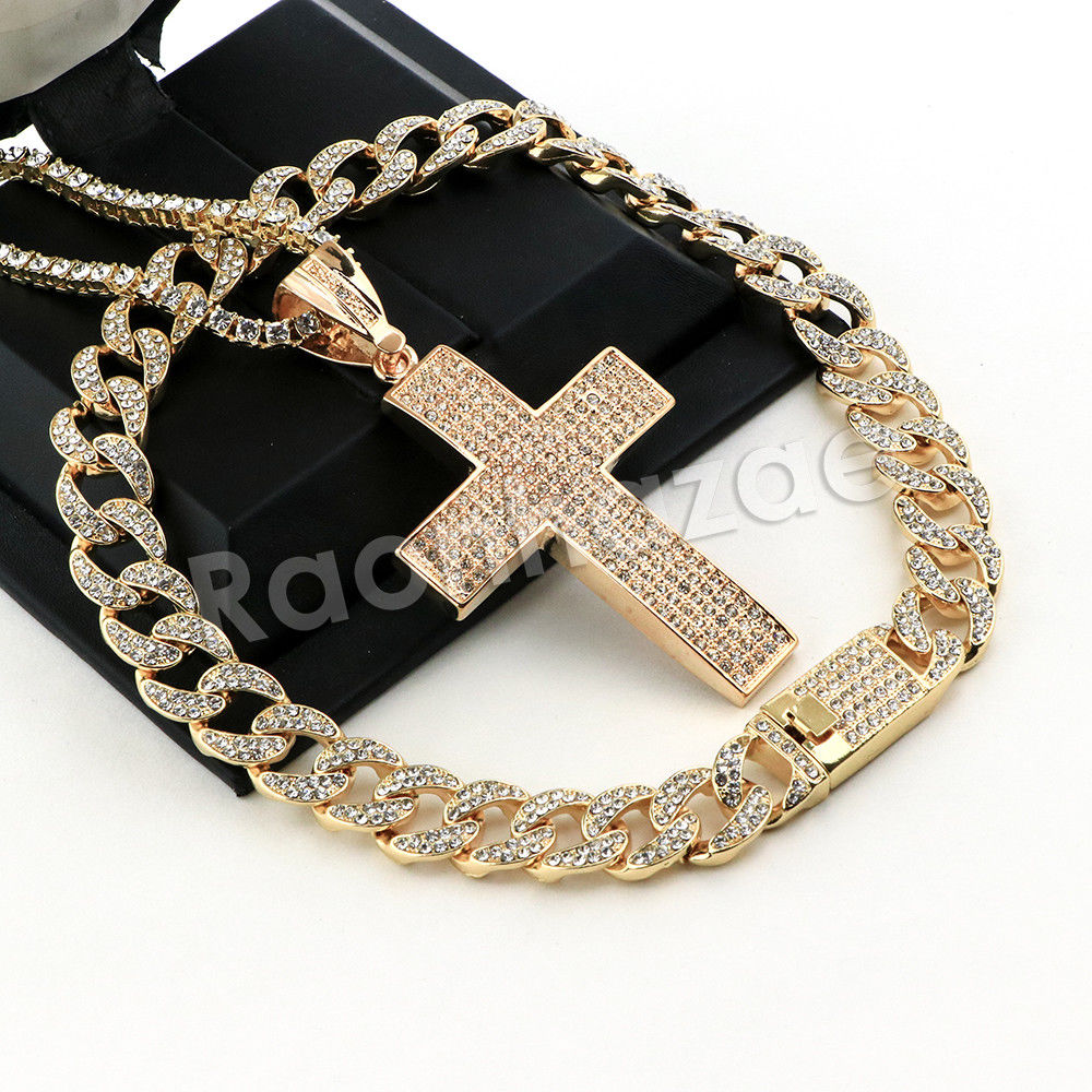Hip Hop Quavo BIG CROSS Miami Cuban Choker Tennis Chain Necklace L12 ...