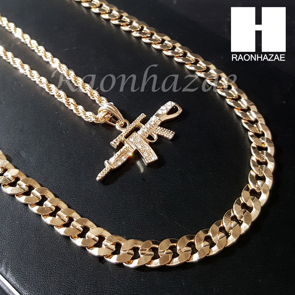 AK47 MACHINE GUN CHAIN DIAMOND CUT 30" CUBAN LINK CHAIN NECKLACE S077G ...