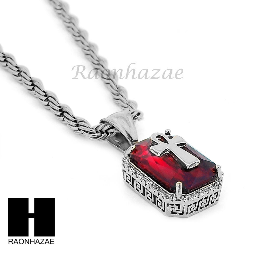 STAINLESS STEEL RUBY ANKH CROSS PENDANT 24" ROPE CHAIN NECKLACE NP019 ...