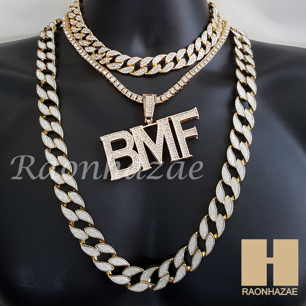 Hip Hop BMF Pendant 16" Choker 18" Tennis 30" Miami Cuban Chain 27 ...