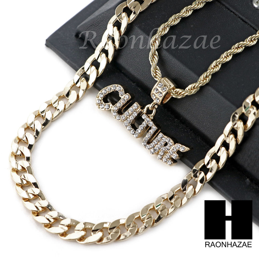 MIGOS CULTURE 2 CHARM DIAMOND CUT 30" CUBAN CHAIN NECKLACE SET G22 ...