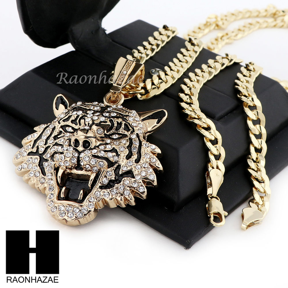MENS HIP HOP TIGER PENDANT & DIAMOND CUT CUBAN LINK CHAIN NECKLACE NN5 ...