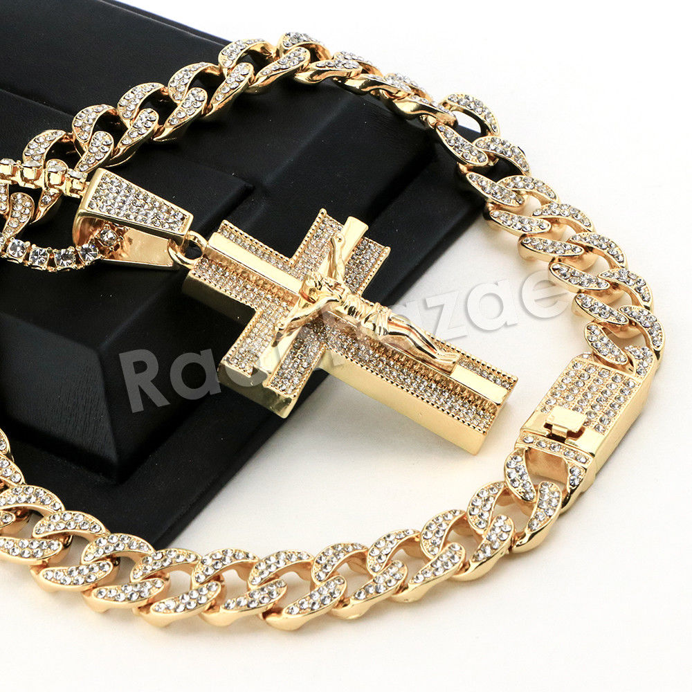 Hip Hop Quavo 3D Crucifix Miami Cuban Choker Tennis Chain Necklace L45 ...