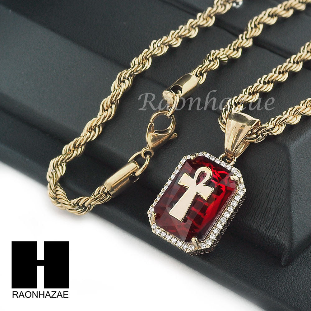 STAINLESS STEEL RUBY ANKH CROSS PENDANT 24" ROPE CHAIN NECKLACE NP019 ...