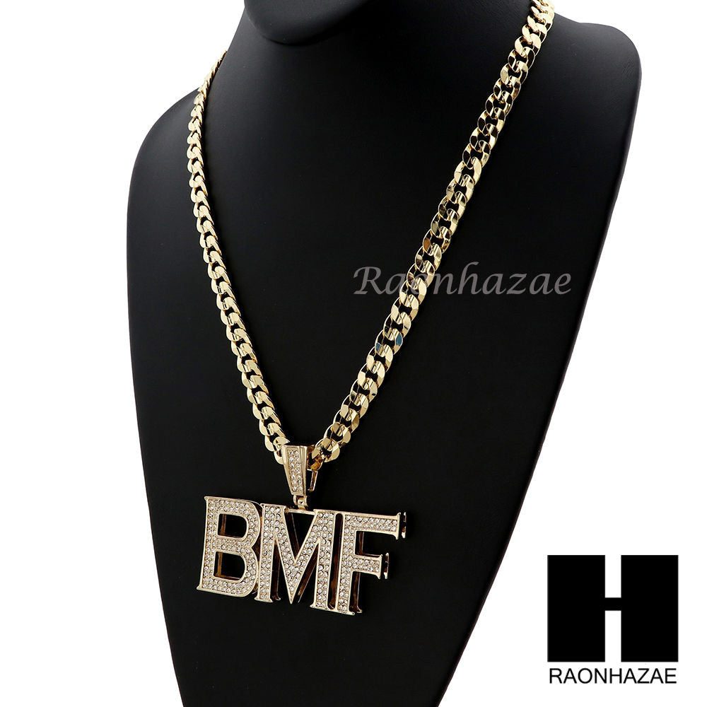 MENS HIP HOP BMF PENDANT & DIAMOND CUT CUBAN LINK CHAIN NECKLACE NN42 ...